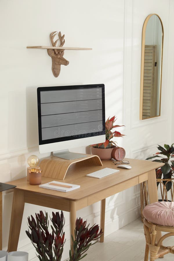 Comfortable Workplace with Modern Computer and Beautiful Plants in Room ...