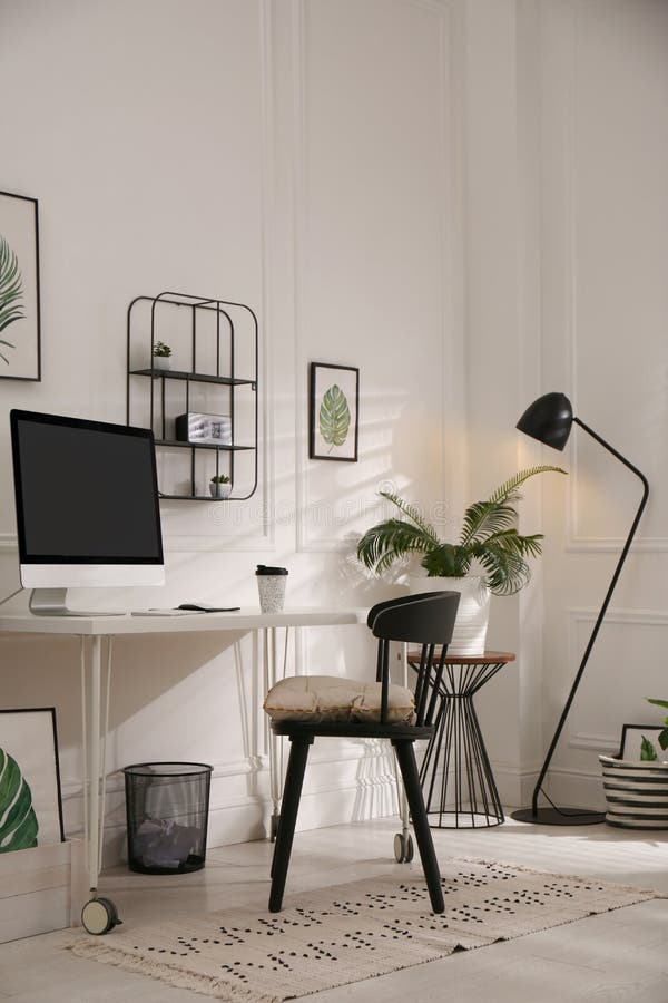 Comfortable Workplace with Modern Computer and Houseplants in Room ...