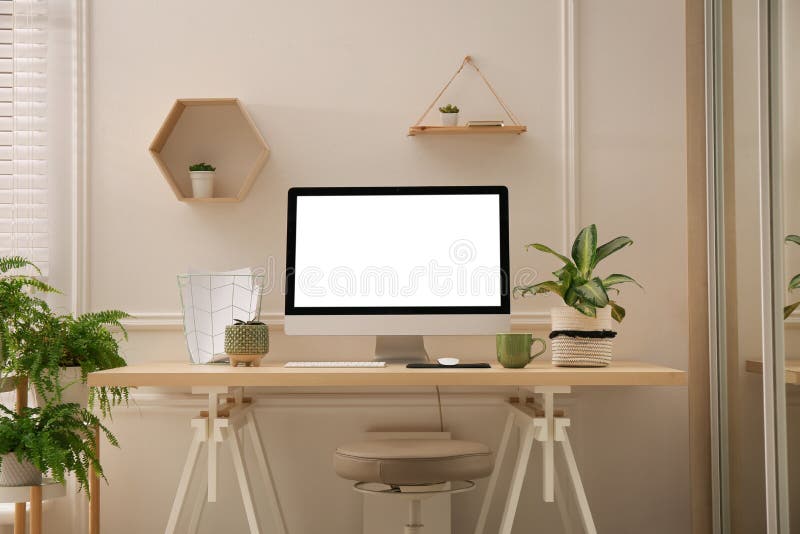 Comfortable Workplace with Modern Computer and Houseplants in Room ...