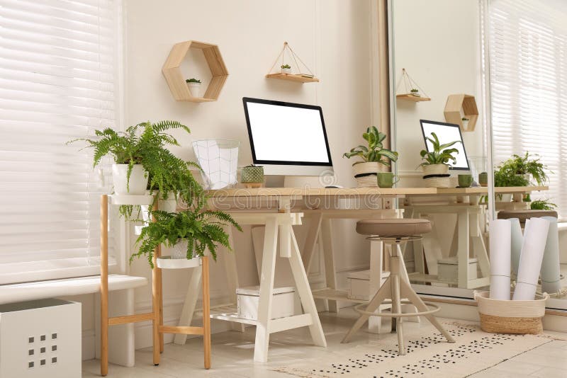 Comfortable Workplace with Modern Computer and Houseplants in Room ...