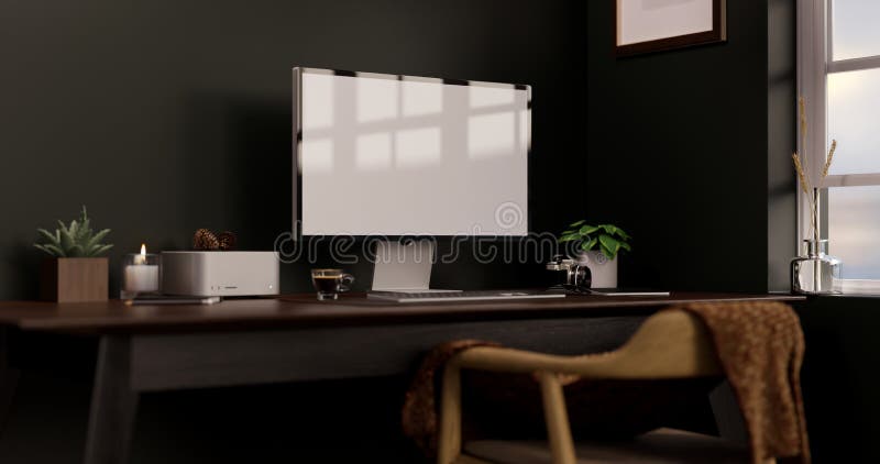 Comfortable Workplace with Pc Computer on Dark Wood Table Against the ...