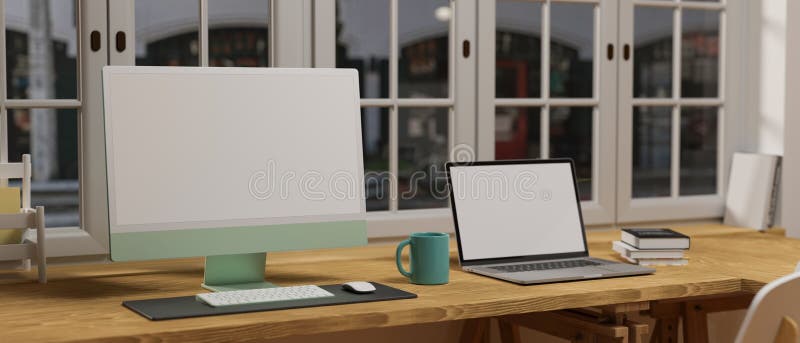 Comfortable Workspace with Computer, Laptop and Supplies the Table ...