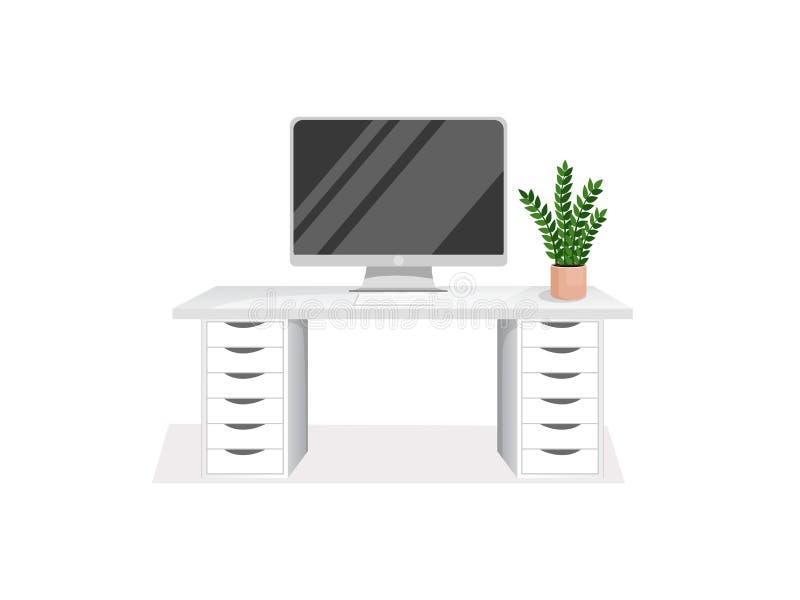 Comfortable Workspace with a Computer, a Table and a Plant on an ...