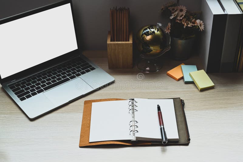 Workspace with Laptop Computer, Notebook and Houseplant. Stock Image ...