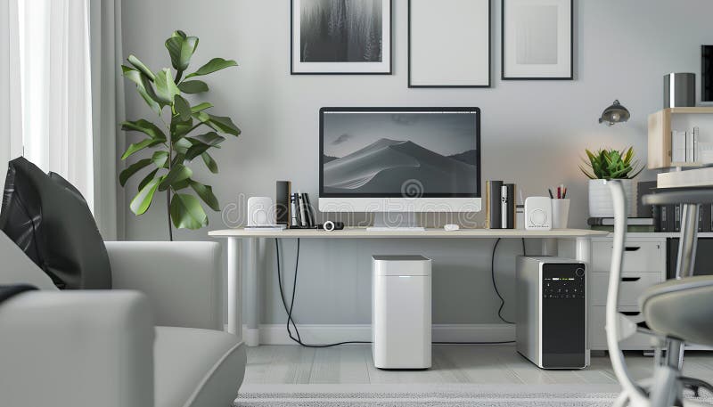 Comfortable Workspace with Modern Computer and Portable Power Station ...