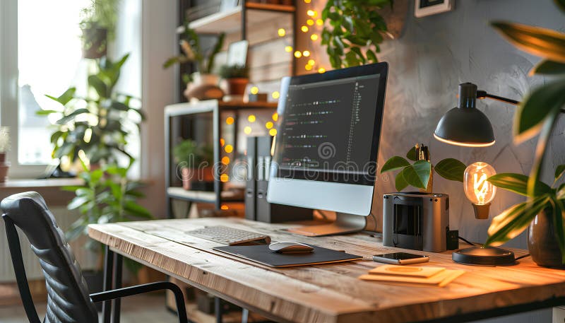 Comfortable Workspace with Modern Computer and Portable Power Station ...