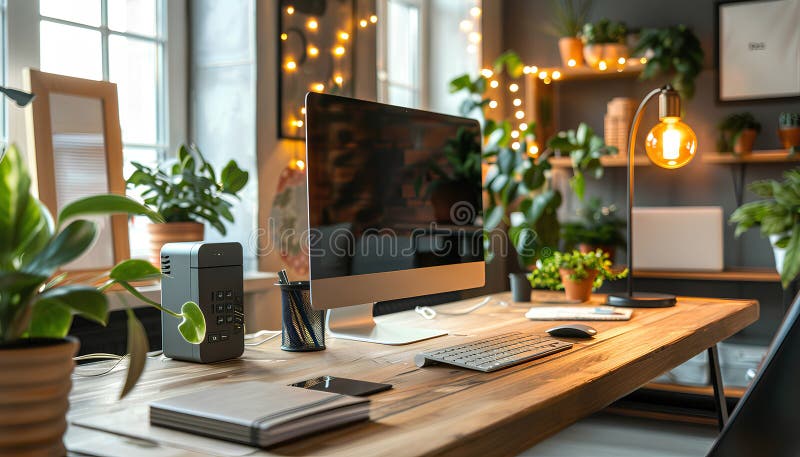 Comfortable Workspace with Modern Computer and Portable Power Station ...