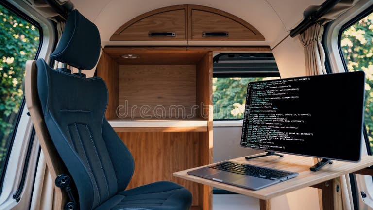 Comfortable Workspace Setup Inside a Camper Van, Featuring a Laptop and ...