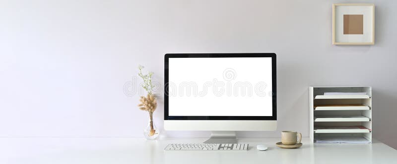 Comfortable Workspace is Surrounding by a White Blank Screen Monitor ...