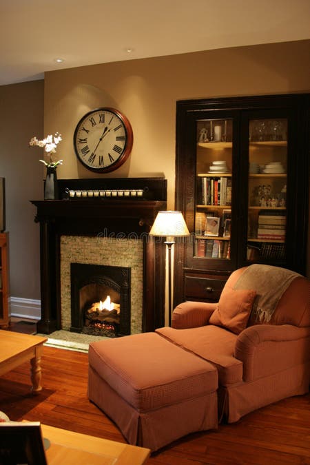 Comfy home fireplace stock photo. Image of clock, ottoman - 13540164
