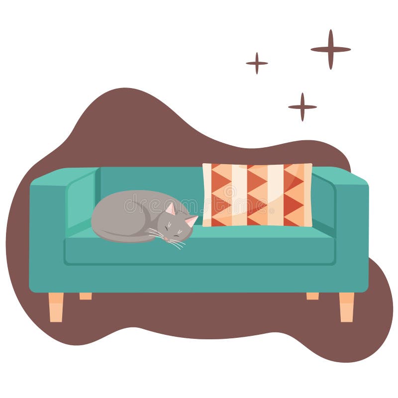 Comfy Sofa with Cat. Cat Napping on the Coach. Concept Vector ...