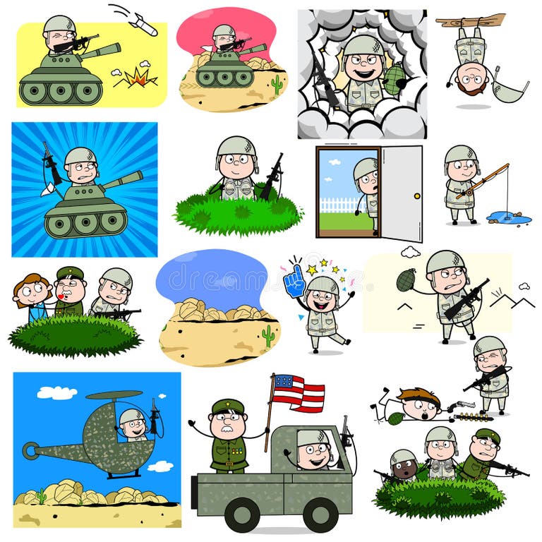 Comic Army Man Characters - Set of Concepts Vector Illustrations Stock ...