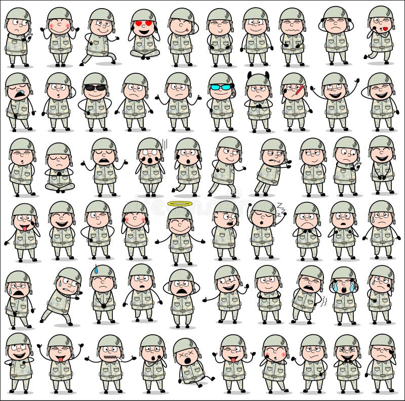 Comic Army Man Poses - Collection of Concepts Vector Illustrations ...