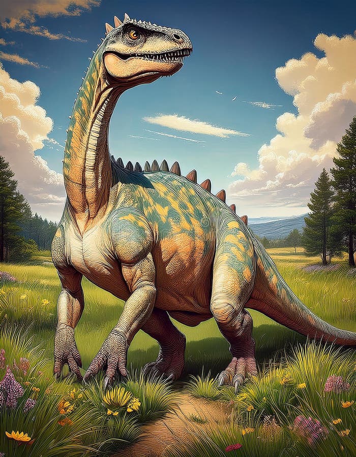 Comic Art Dinosaur in a Historical Field with Rusticcore Vibes. Stock ...