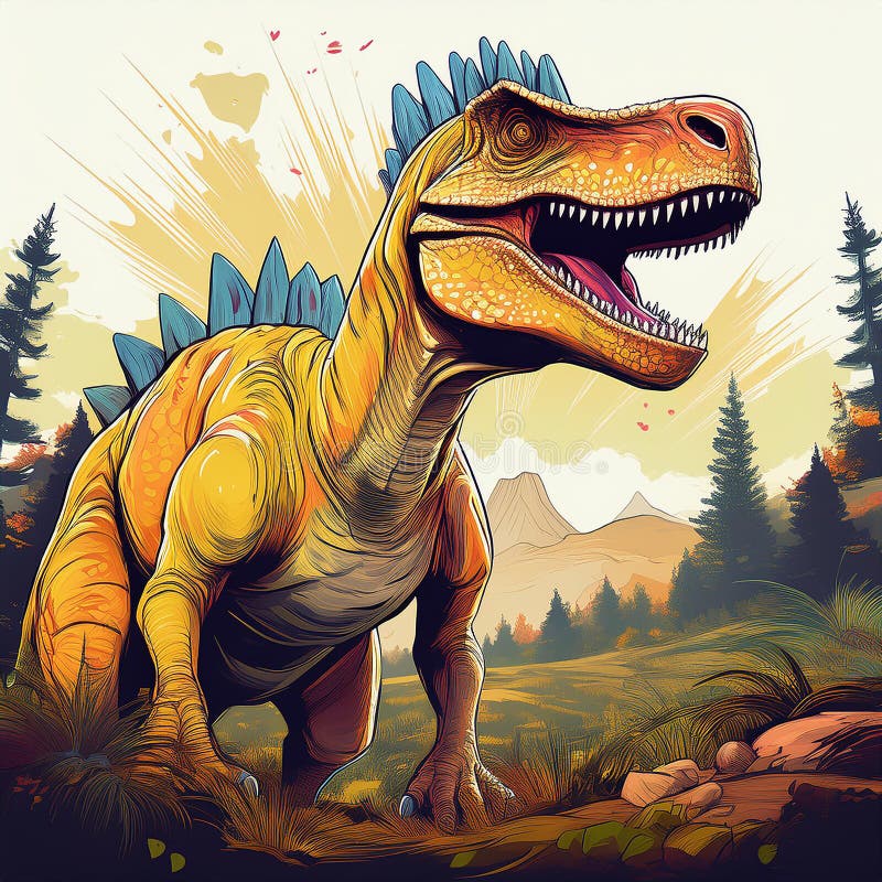 Comic Art Dinosaur in a Historical Field with Rusticcore Vibes. Stock ...