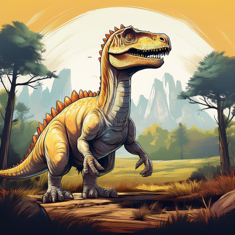 Comic Art Dinosaur in a Historical Field with Rusticcore Vibes. Stock ...