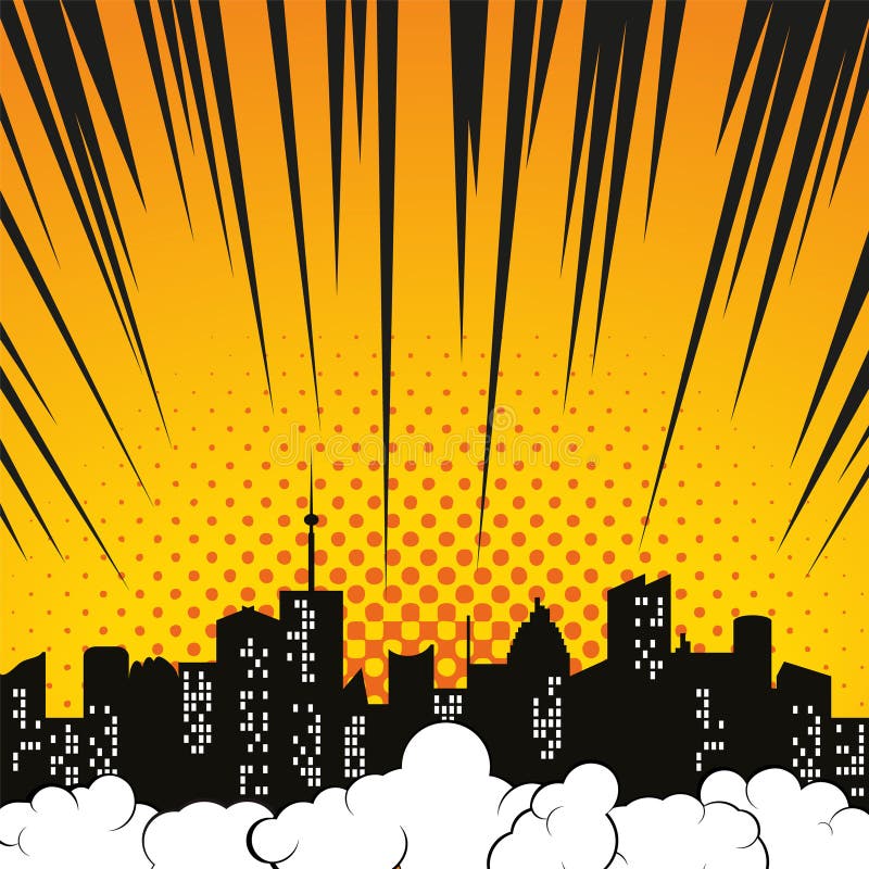 Comic Background with City Silhouette Skyline Cloud and Burst Rays ...