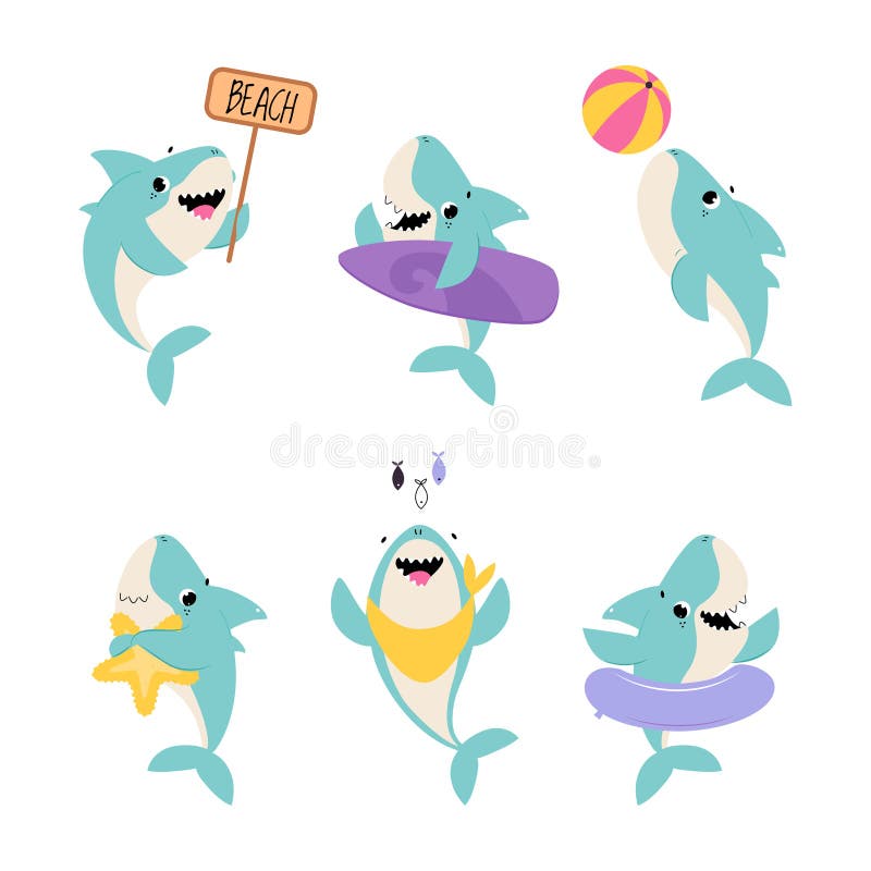 Comic Blue Shark As Marine Animal Vector Set Stock Illustration ...