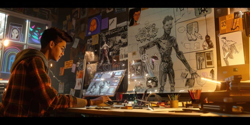 Comic Book Artist with AI in Studio AIG60 Stock Photo - Image of bright ...