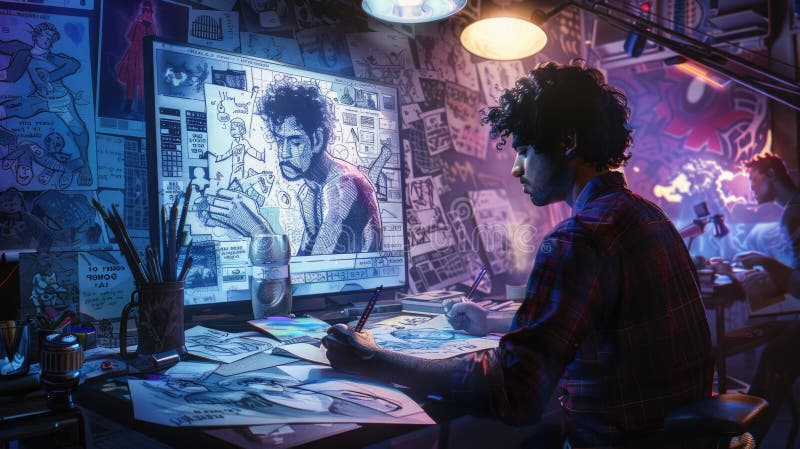 Comic Book Artist with AI in Studio AIG60 Stock Photo - Image of ...