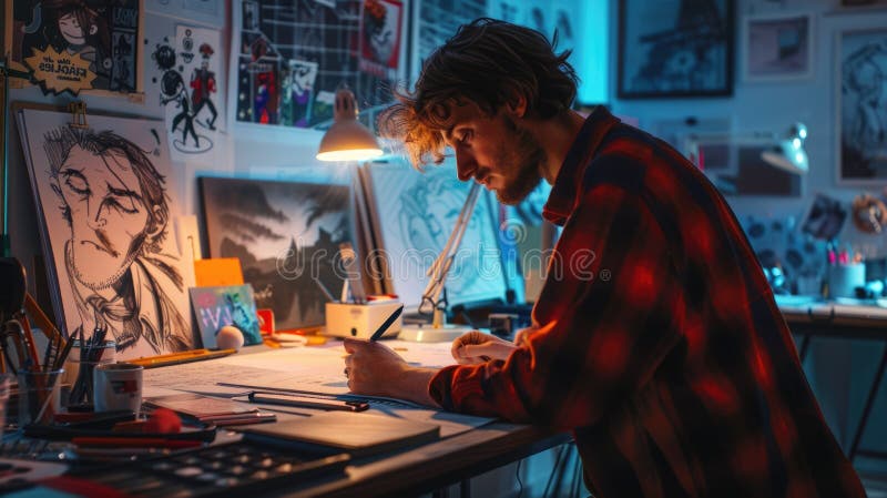Comic Book Artist with AI in Studio AIG60 Stock Photo - Image of book ...