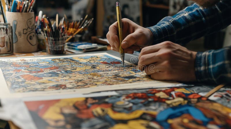 Comic Book Artist Inking Dramatic Scenes on a Drafting Table Stock ...