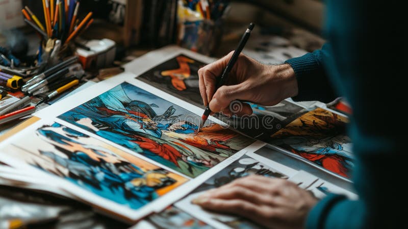 Comic Book Artist Inking Dramatic Scenes on a Drafting Table Stock ...