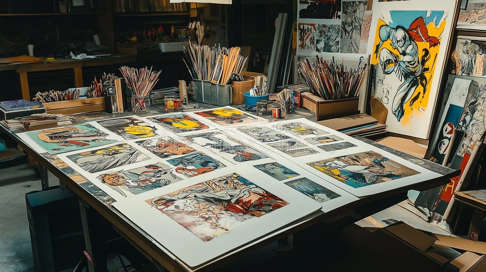 Comic Book Artist Inking Dramatic Scenes on a Drafting Table Stock ...