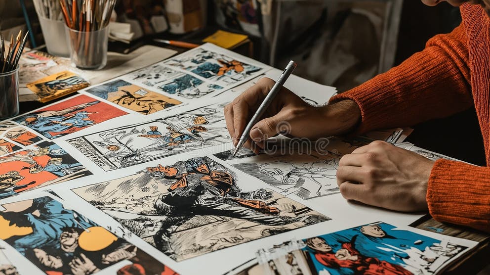 Comic Book Artist Inking Dramatic Scenes on a Drafting Table Stock ...