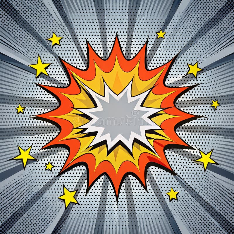 Comic Book Blast - Yellow Stars on Grey Dotted Background with Red and ...