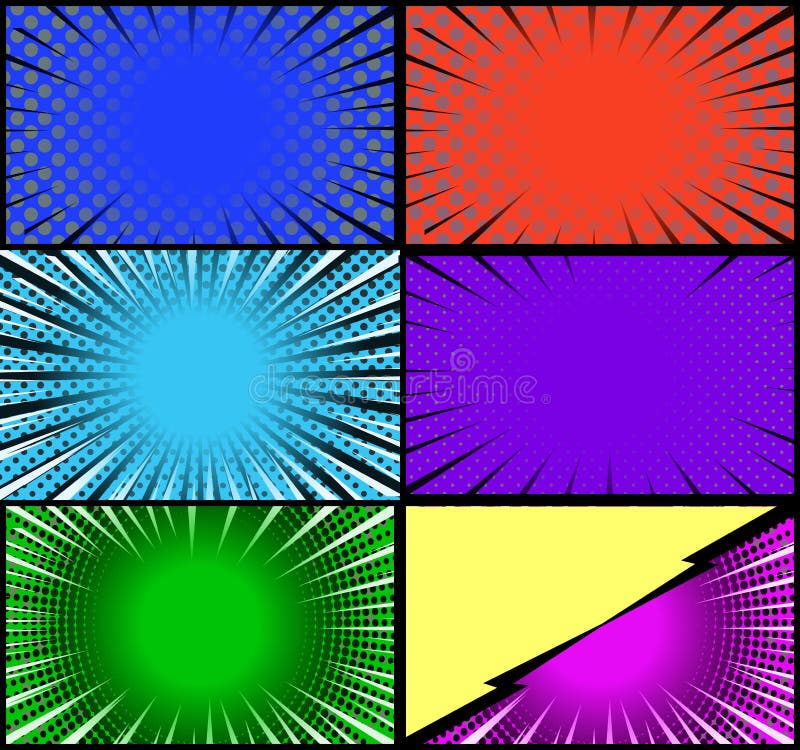 Comic Book Colorful Frames Background with Halftone Rays Radial and ...