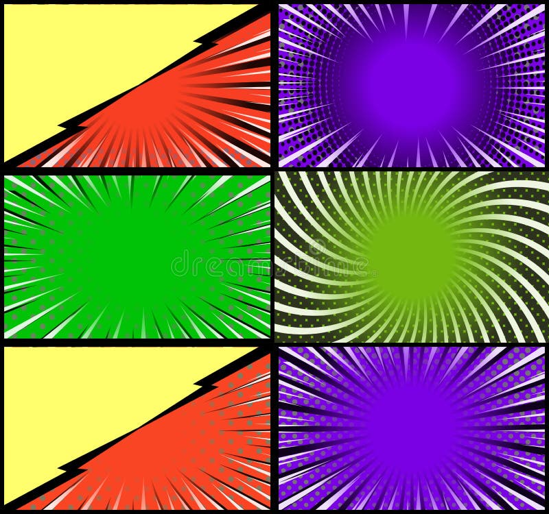 Comic Book Colorful Frames Background with Halftone Rays Radial and ...