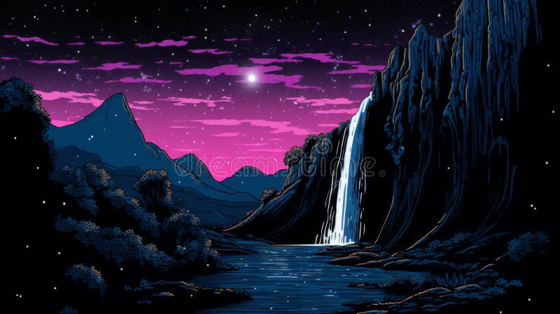 Stunning Mountain Waterfall at Night with Stars - Dan Mumford Style ...