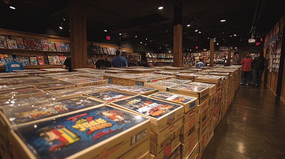 Comic Book Store Interior, Many Boxes of Comics Stock Illustration ...