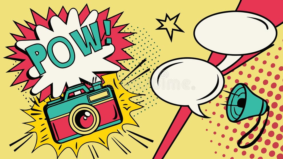 Comic Book Style Art with Camera and Speech Bubbles, Pop Art Design ...