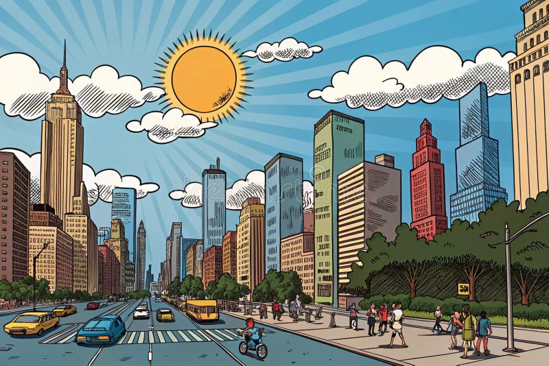 Comic Book Style Cartoon Illustration of Cityscape with Sun and Clouds ...