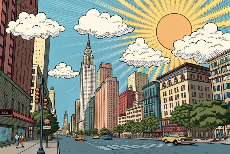 Comic Book Style Cartoon Illustration of Cityscape with Sun and Clouds ...