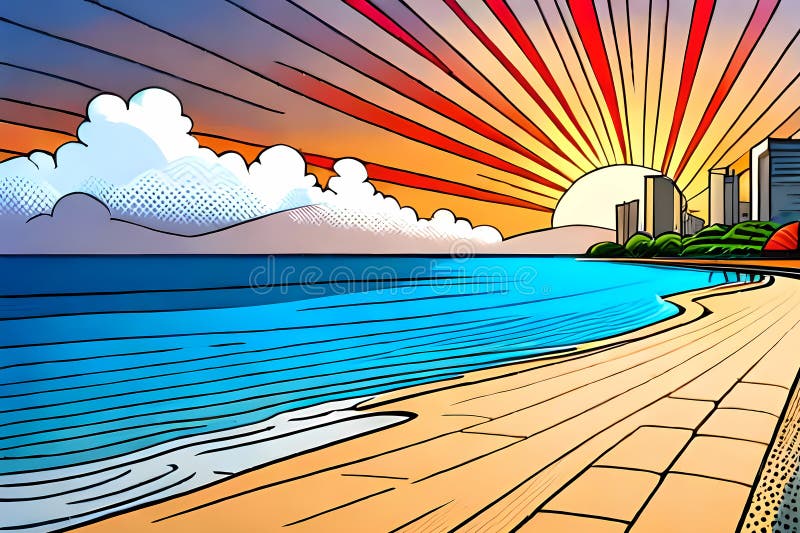Sea and City Beach at Sunset Stock Illustration - Illustration of ...