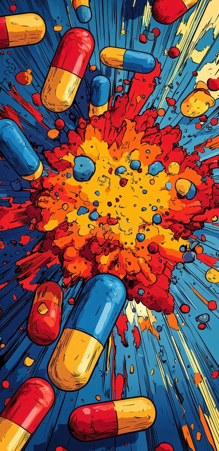 Comic Book-style Explosion with Vibrant Capsules Bursting in Colorful ...
