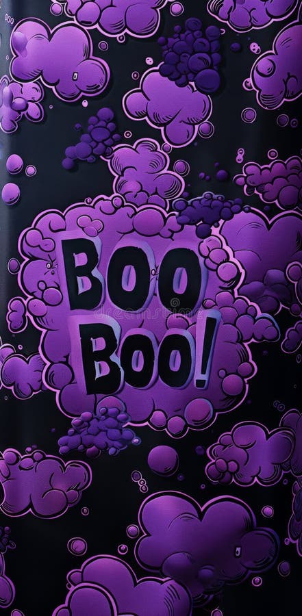 Comic Book Style Fabric with Purple Clouds and Boo Boo Text Stock Photo ...