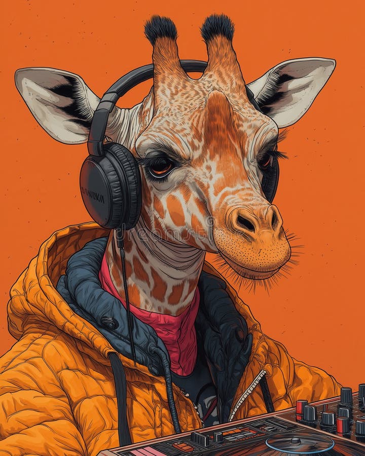 Comic Book Style, Giraffe Dj with Headphones and Record Player. Stock ...