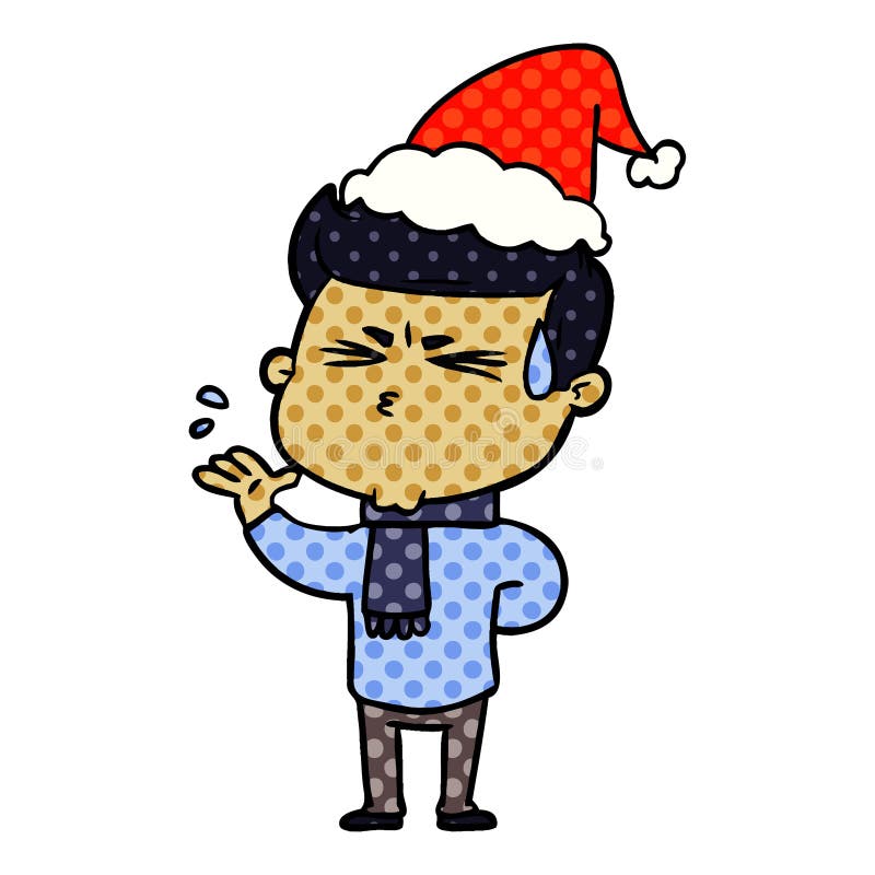 Comic Book Style Illustration of a Man Sweating Wearing Santa Hat Stock ...