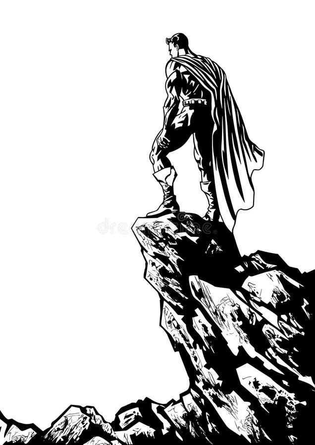 Superhero on Cliff Black and White Stock Vector - Illustration of ...