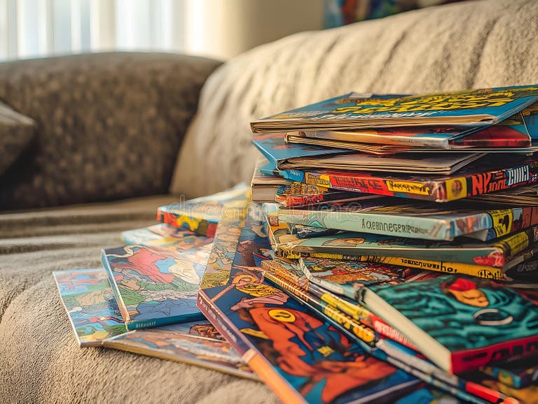 Comic Books Stacked on a Couch, Soft Light Highlighting Details of the ...