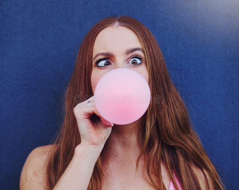 Comic Bubblegum And Portrait Of Girl On Blue Background With Silly