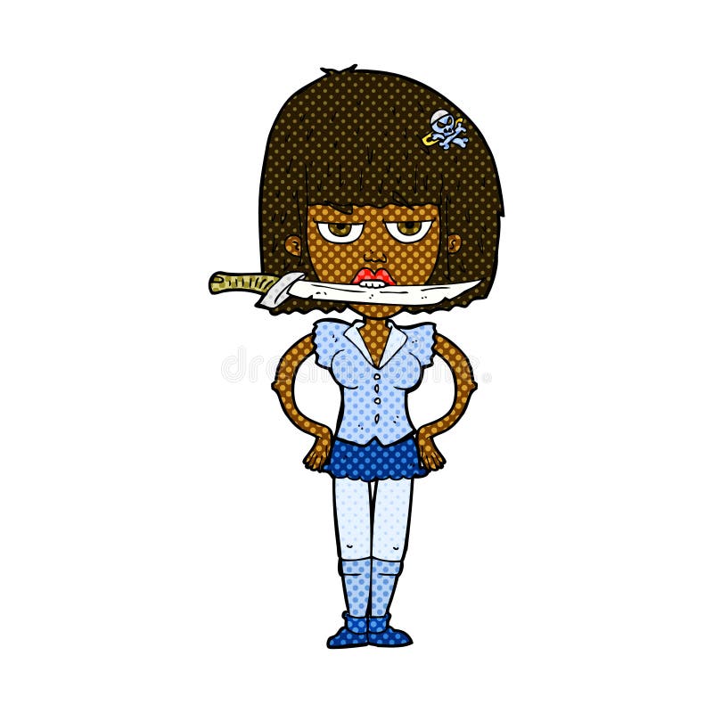 Comic Cartoon Woman with Knife between Teeth Stock Illustration ...