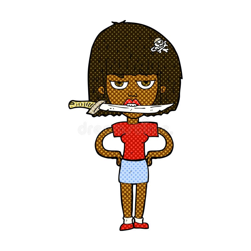 Comic Cartoon Woman with Knife between Teeth Stock Illustration ...