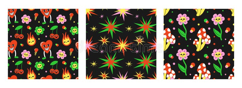 Comic Characters Seamless Pattern. Psychedelic 80s Objects with Faces ...