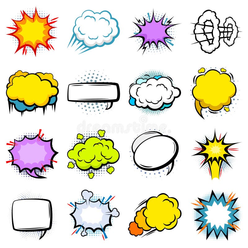 Comic Colorful Explosion Speech Bubbles Set Stock Vector - Illustration ...