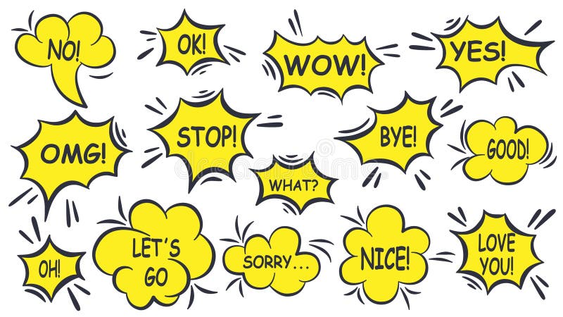 Comic Dialogue Bubbles with Phrases and Popular Words Set Stock ...